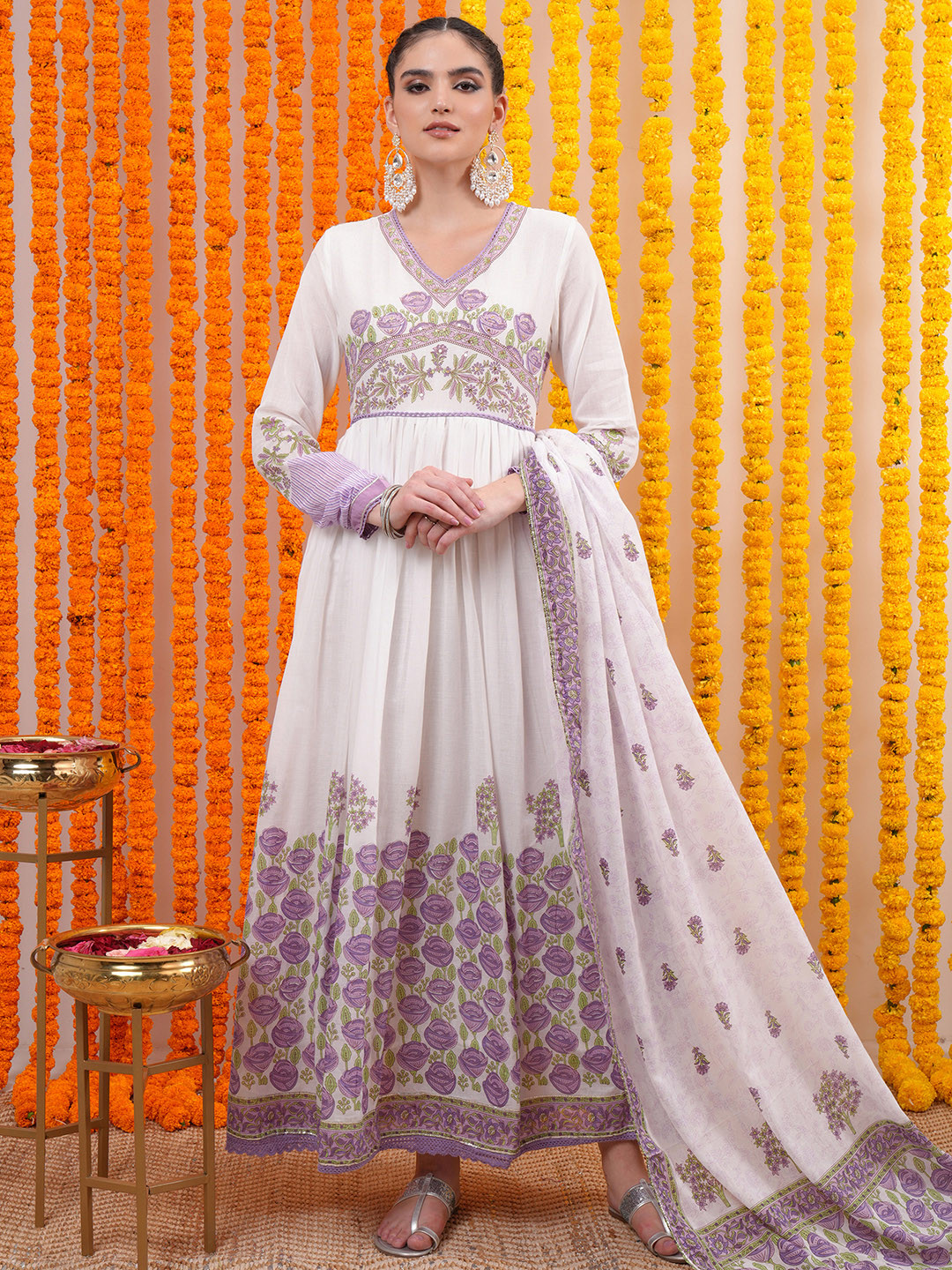 Buy Vishudh Purple Floral Printed Pure Cotton Ethnic Dress With Dupatta ...