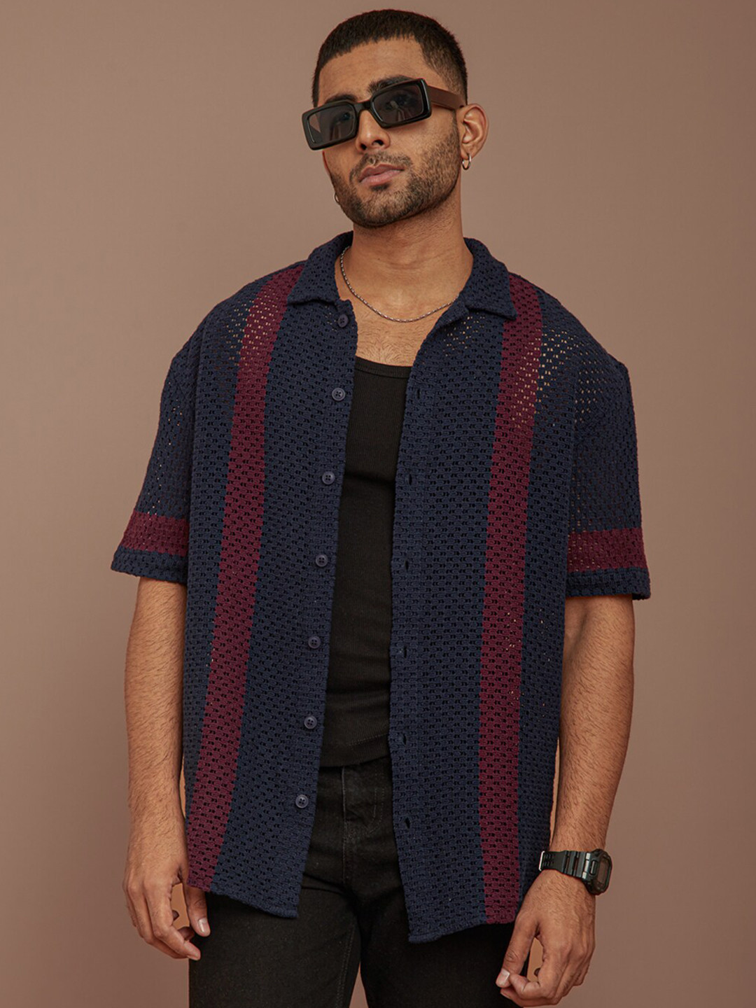 Buy Powerlook Self Design Sheer Crochet Cotton Oversized Casual Shirt ...