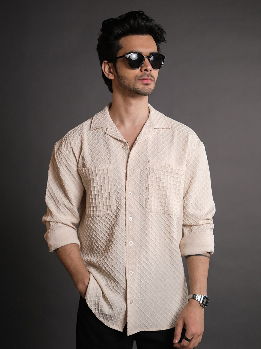 Buy Powerlook Textured Self Design Cuban Collar Oversized Casual Shirt ...