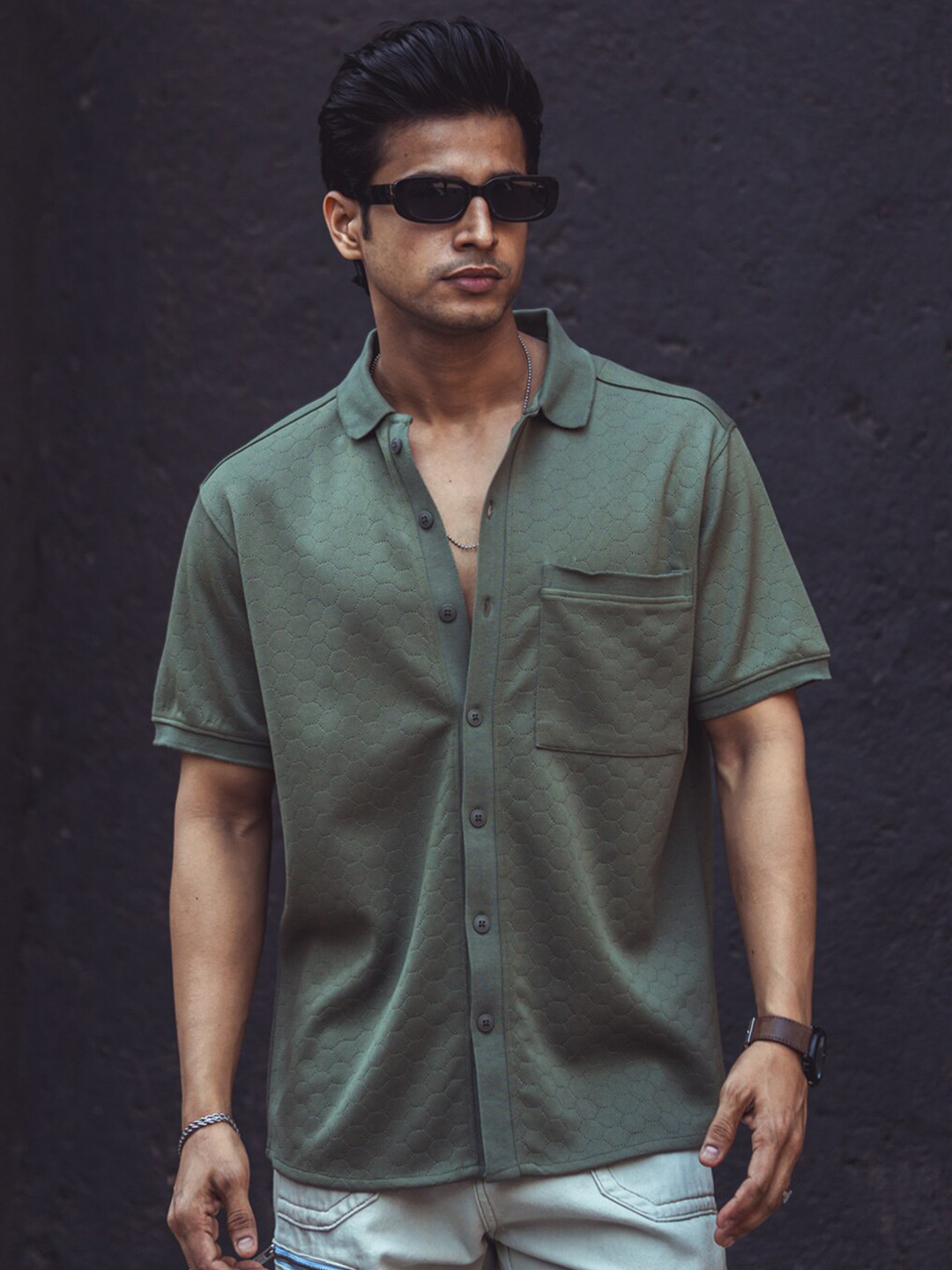 Buy Powerlook Textured Self Design Half Sleeves Oversized Casual Shirt ...