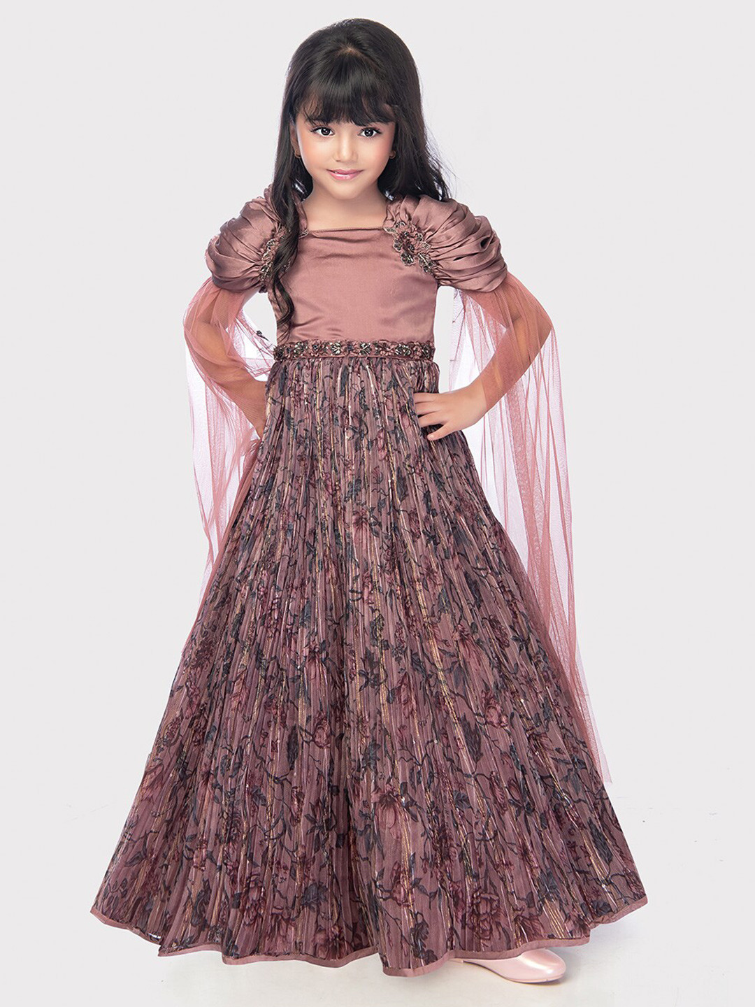 Buy BETTY Girls Floral Print Square Neck Flared Sleeves Satin Maxi ...