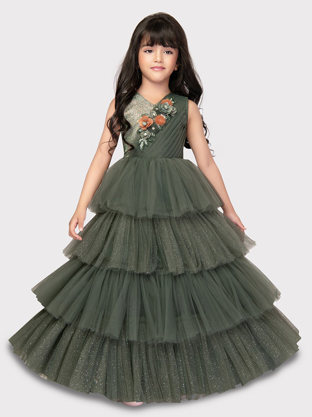 Buy BETTY Girls Floral Embellished V Neck Sleeveless Net Maxi Dress ...