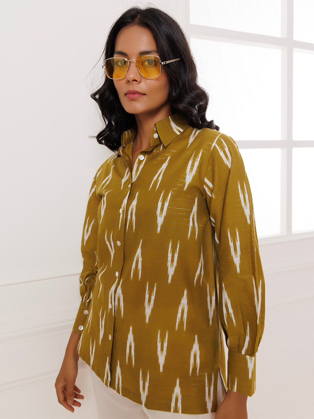 Buy INDIANIC Women Smart Ikkat Printed Cotton Casual Shirt - Shirts for ...