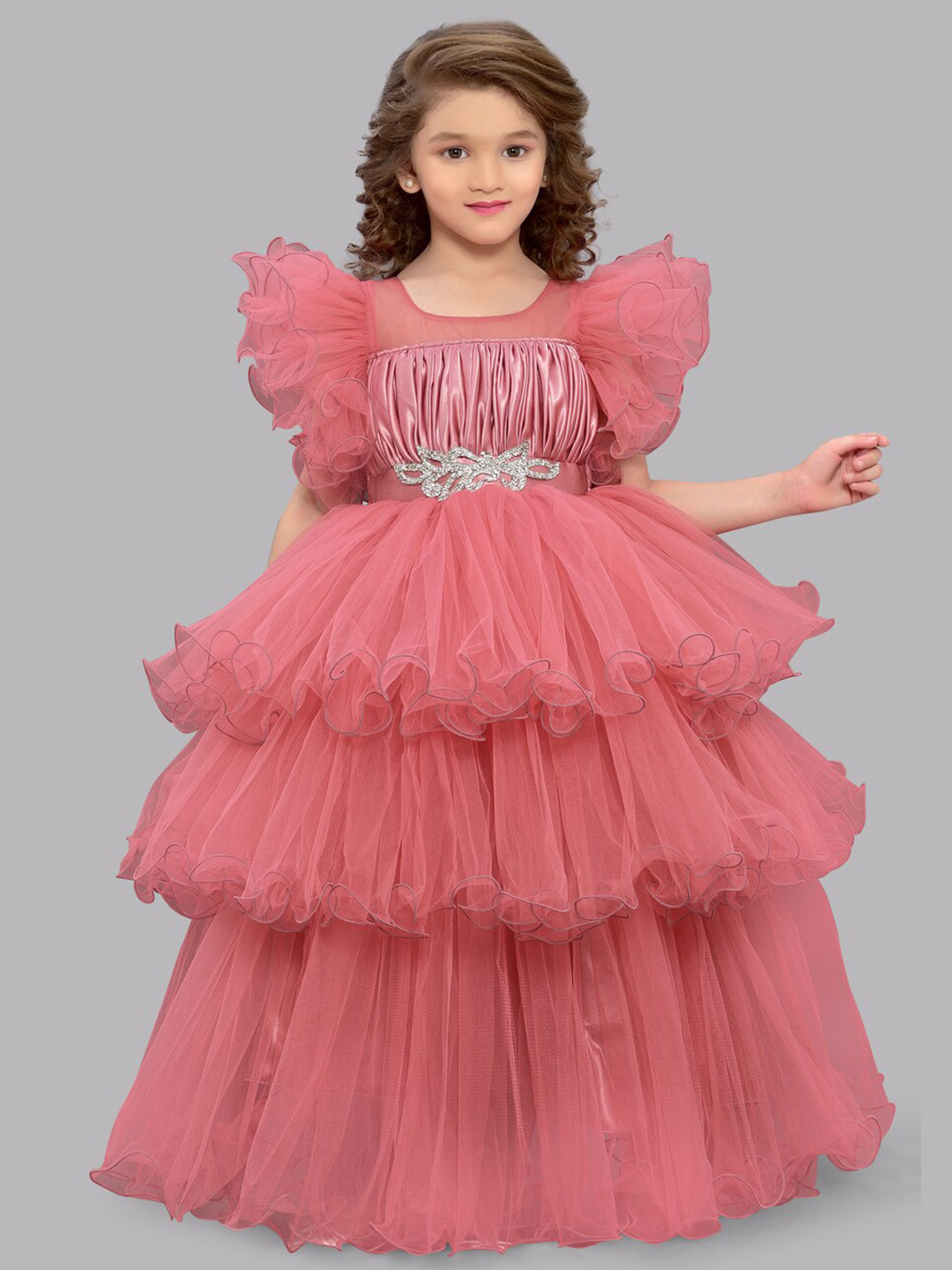 Buy Pink Chick Girls Flutter Sleeves Layered Net Gown Maxi Dress ...