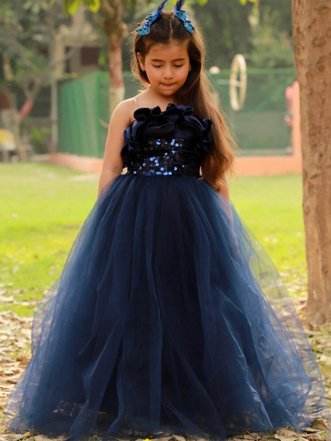 Buy Foreverkidz Girls Embellished Shoulder Straps Flared Net Maxi Dress ...