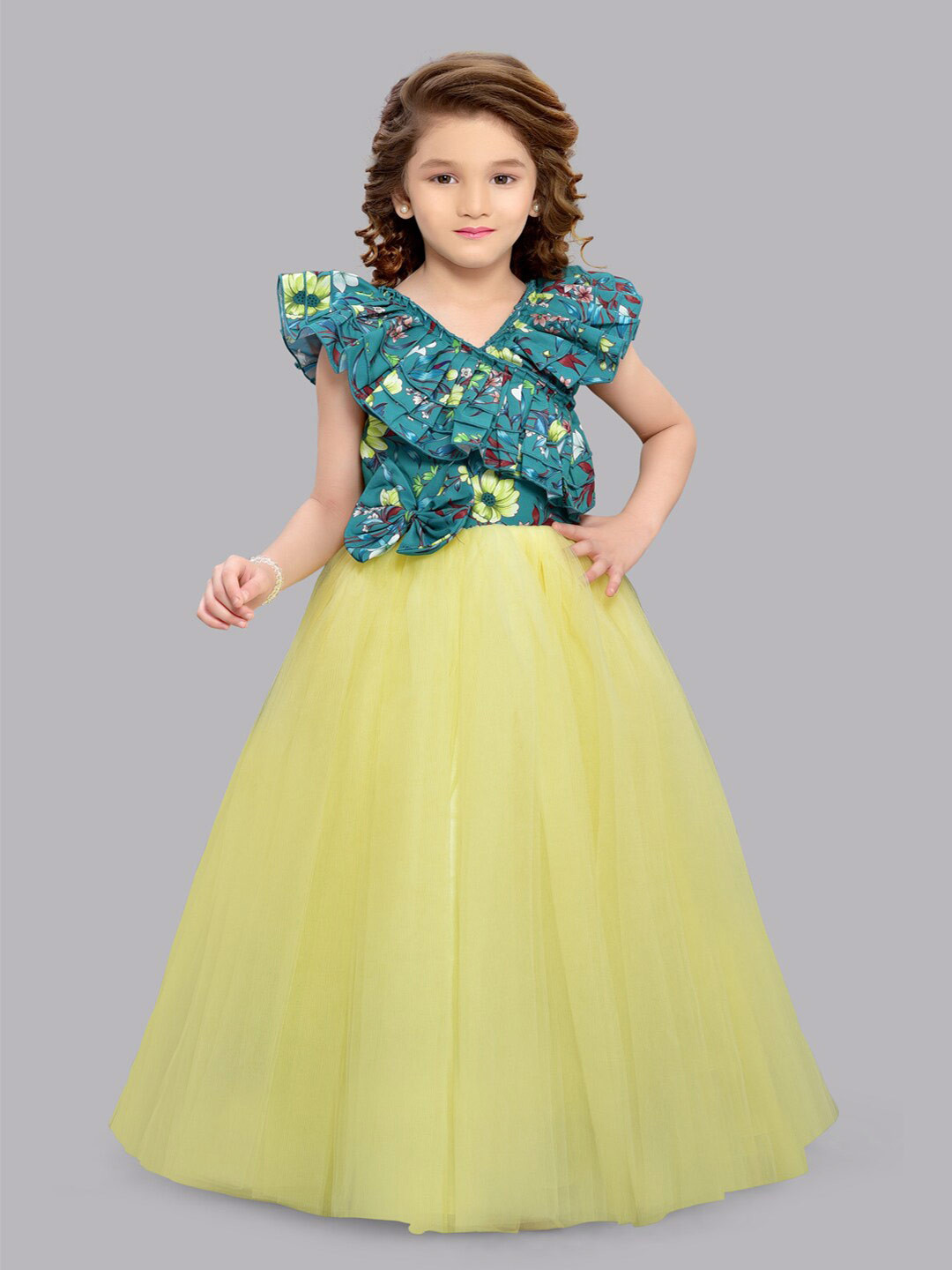 Buy Pink Chick Floral Print Flutter Sleeve Ruffled Net Fit & Flare Maxi ...