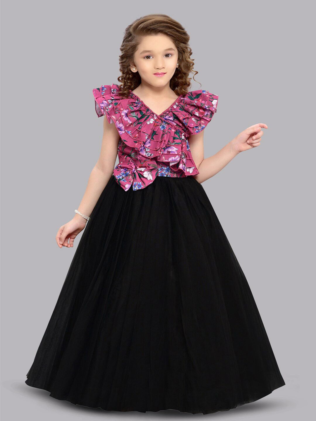 Buy Pink Chick Floral Print Flutter Sleeve Ruffled Net Fit & Flare Maxi ...