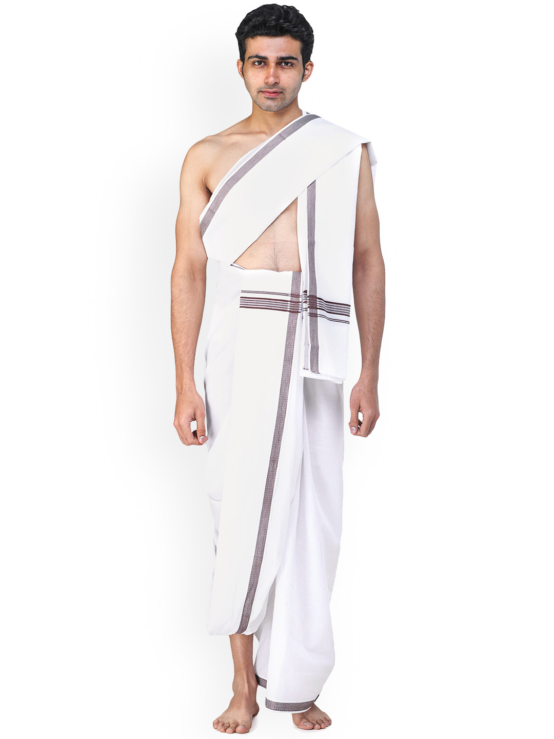 Buy Exotic India Brunette Pure Cotton Dhoti And Angavastram Set With Woven Border - Dhotis for ...