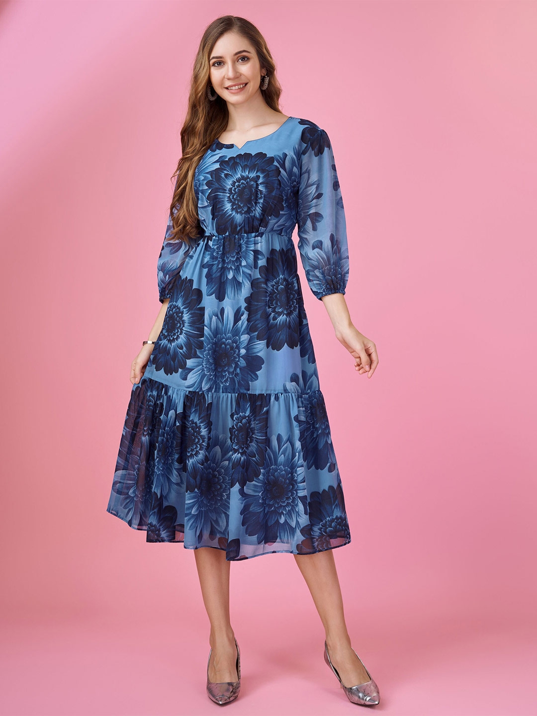 Buy Mojilaa Floral Printed Puff Sleeve Georgette Fit And Flare Midi Dress