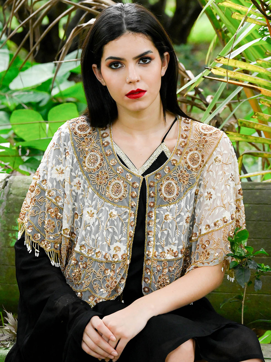 Buy ODETTE Embellished Acrylic Crop Cape Shrug - Shrug for Women ...