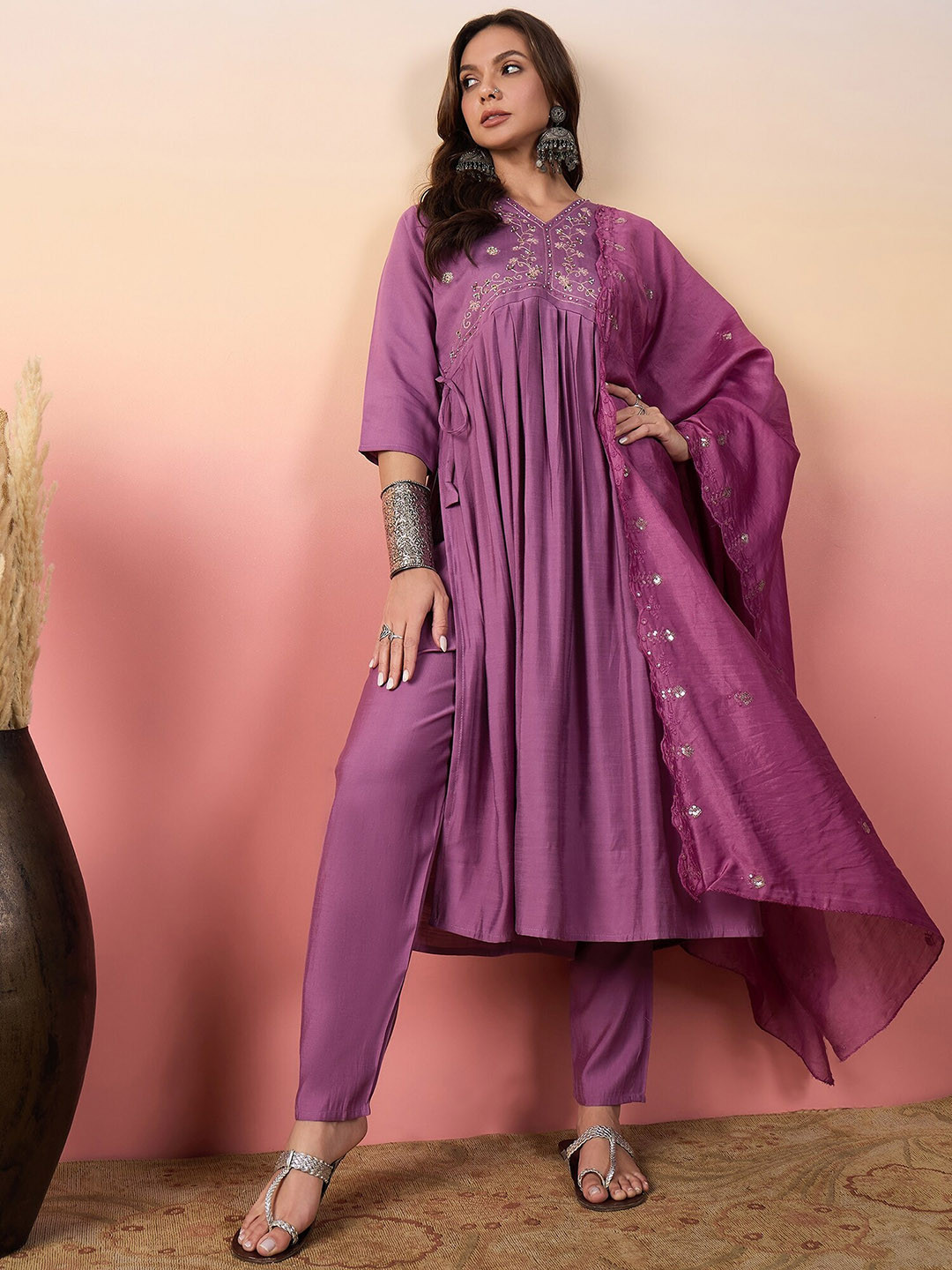 Buy Ariya Prints Ethnic Motifs Yoke Design V Neck Thread Work Pure Silk ...