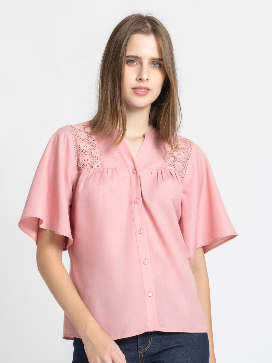 Buy SHAYE Mandarin Collar Flared Sleeve Shirt Style Top - Tops for ...