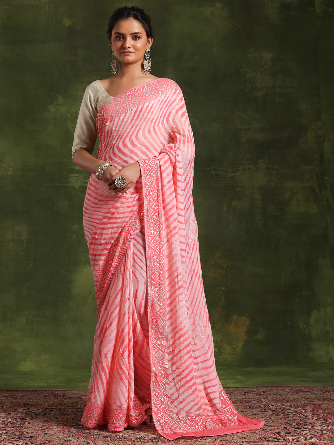 Buy Libas Geometric Striped Printed Leheriya Saree - Sarees for Women ...
