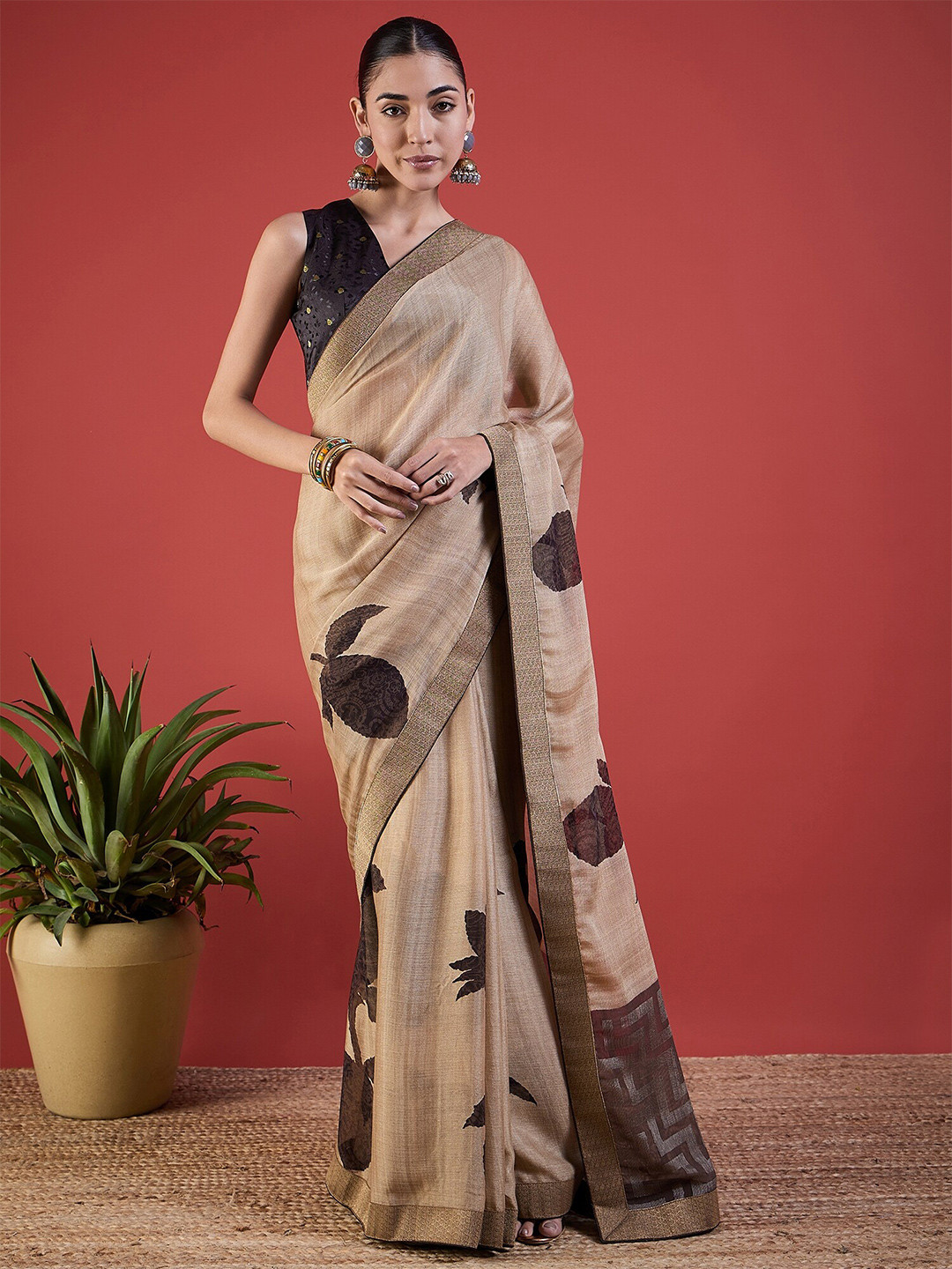 Buy Anouk Beige Floral Printed Brasso Saree - Sarees for Women 29251116 ...