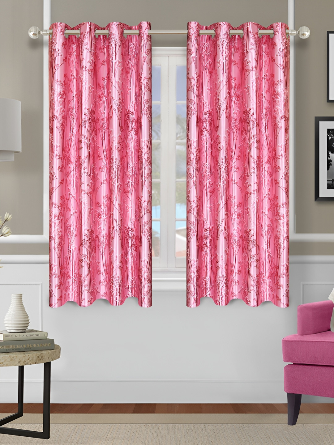 Buy Aura Pink & White 2Pcs Floral Room Darkening Window Curtain ...