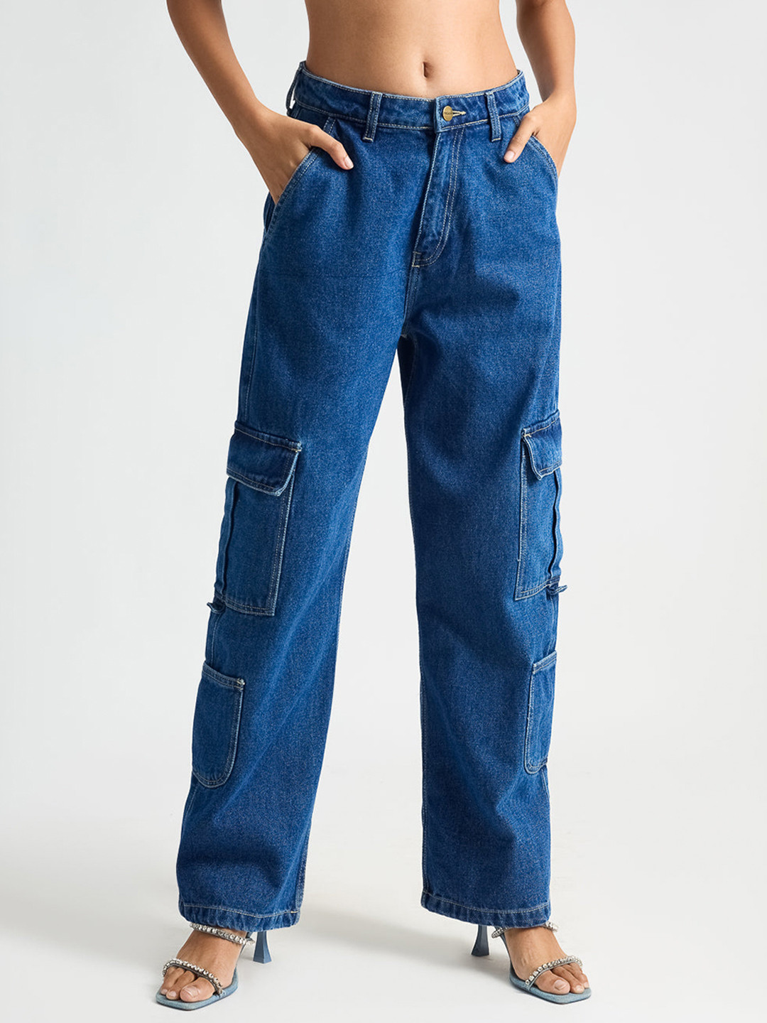 Buy FREAKINS Blue Women Straight Fit High Rise Utility Pocket Pure ...