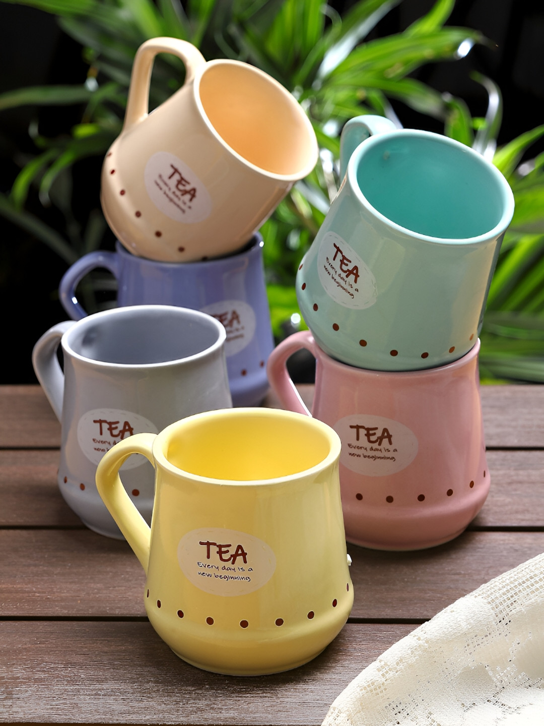 Buy Arrabi Green & Yellow 6 Pcs Handcrafted Printed Stoneware Matte Mugs 220 Ml Each - Cups And ...