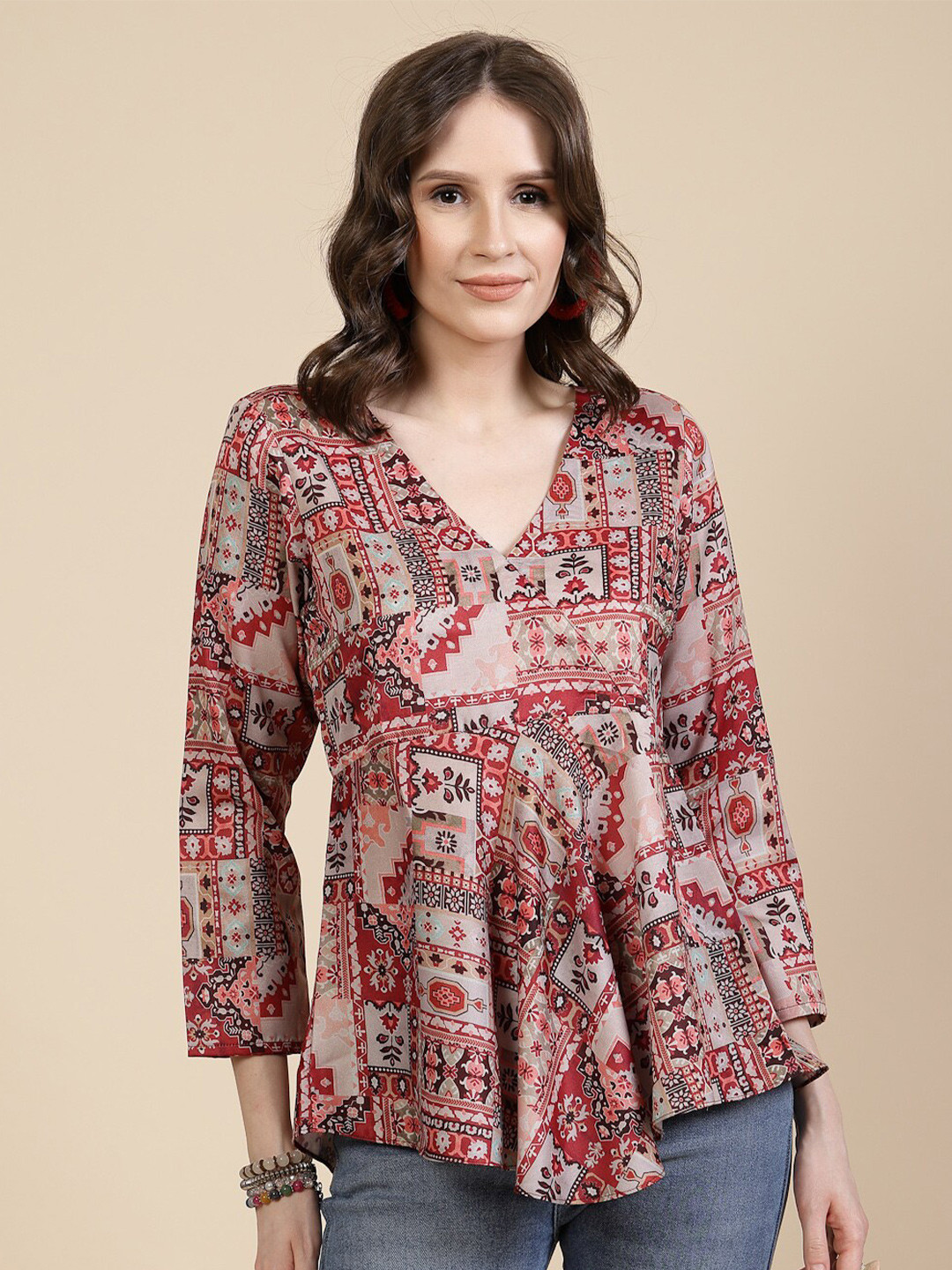 Buy TANKHI Print Three Quarter Sleeves V Neck Empire Top - Tops for ...