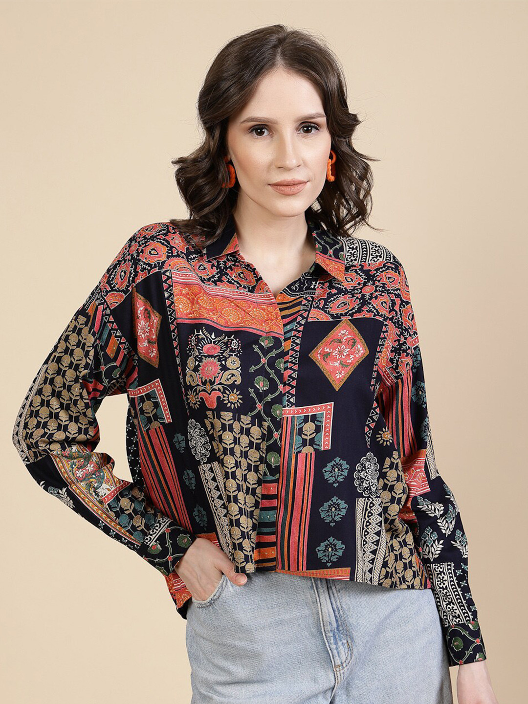 Buy TANKHI Floral Print Long Sleeves Shirt Collar Shirt Style Top ...