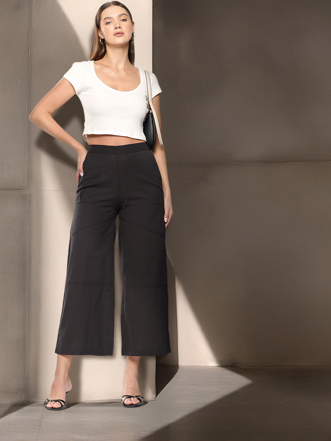 Buy Chemistry Cotton Linen High Waist Panelled Parallel Trousers ...