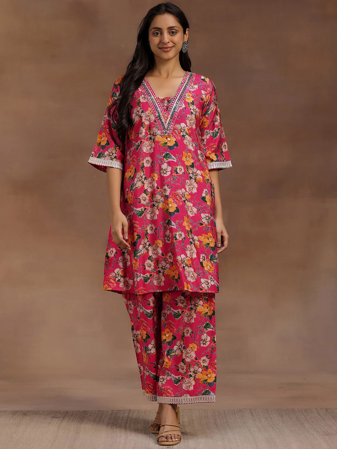 Buy Libas Pink Floral Printed Tunic With Palazzo - Co Ords for Women ...