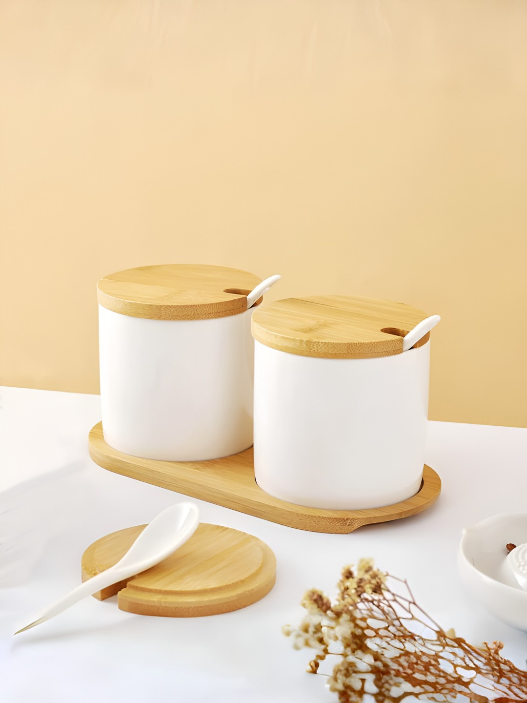 Buy UMAI White 2 Pcs Ceramic Canister Set With Wooden Spoon - Container ...