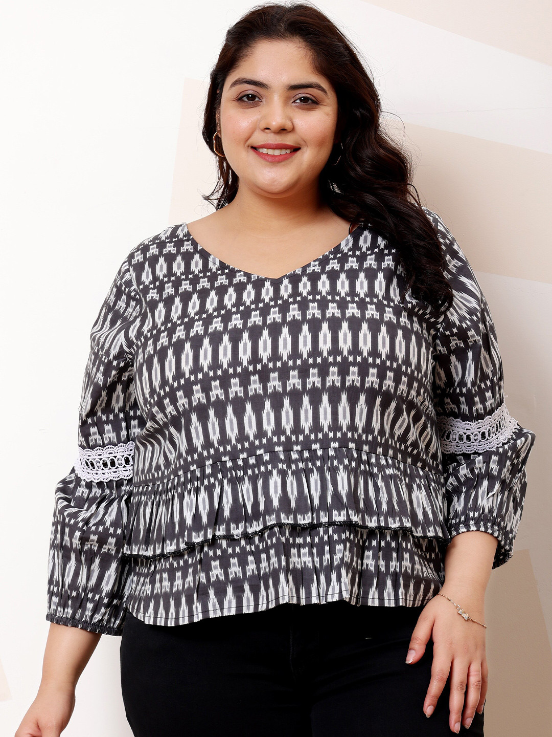 Buy Athena Ample Plus Size Ethnic Printed Puff Sleeves Lace Cotton Top ...