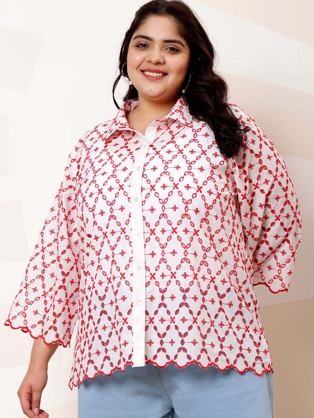 Buy Athena Ample Plus Size Floral Schiffli Cotton Casual Shirt - Shirts ...