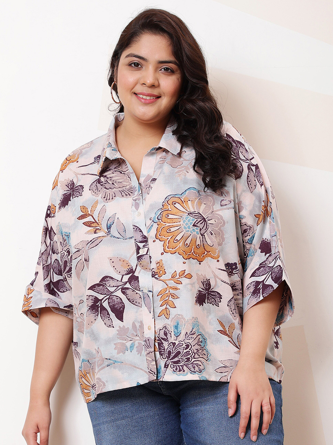 Buy Athena Ample Plus Size Floral Print Kimono Sleeve Linen Shirt Style ...