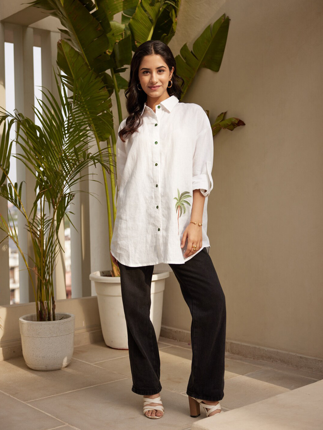 Buy Ambraee Linen Long Roll Up Sleeves Shirt Style Top - Tops for Women ...