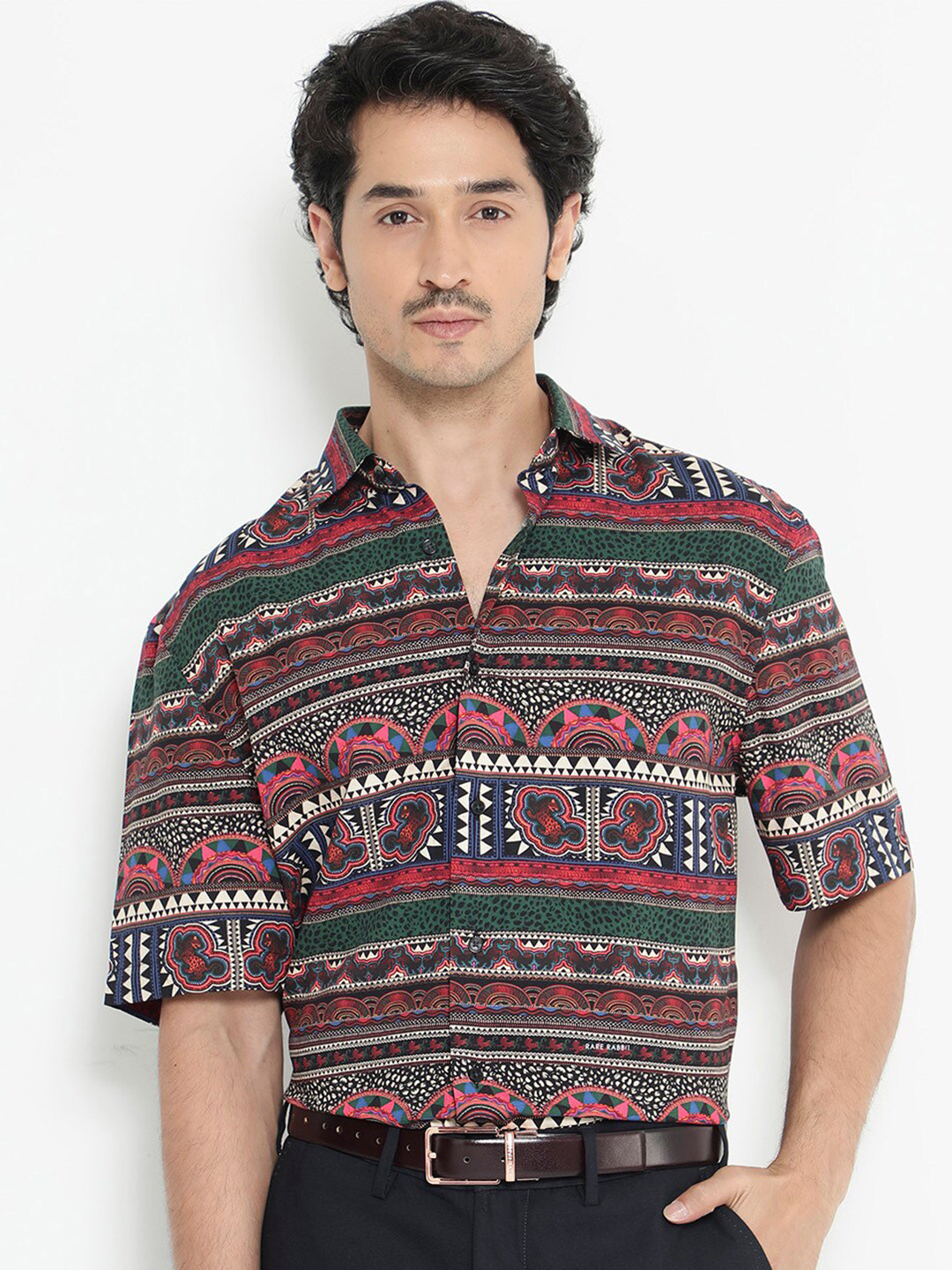 Buy RARE RABBIT Men Hatham Ss Ethnic Motifs Printed Boxy Opaque Shirt ...