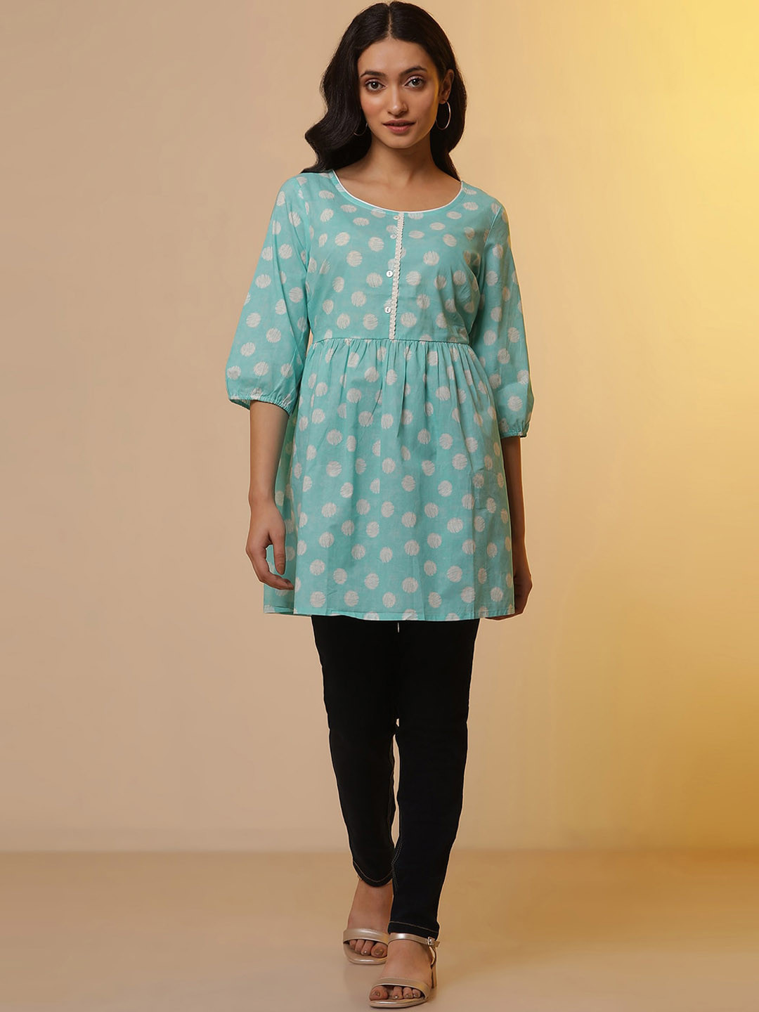 Buy AURELIA Ethnic Motifs Round Neck Puff Sleeves Pleated Pure Cotton ...