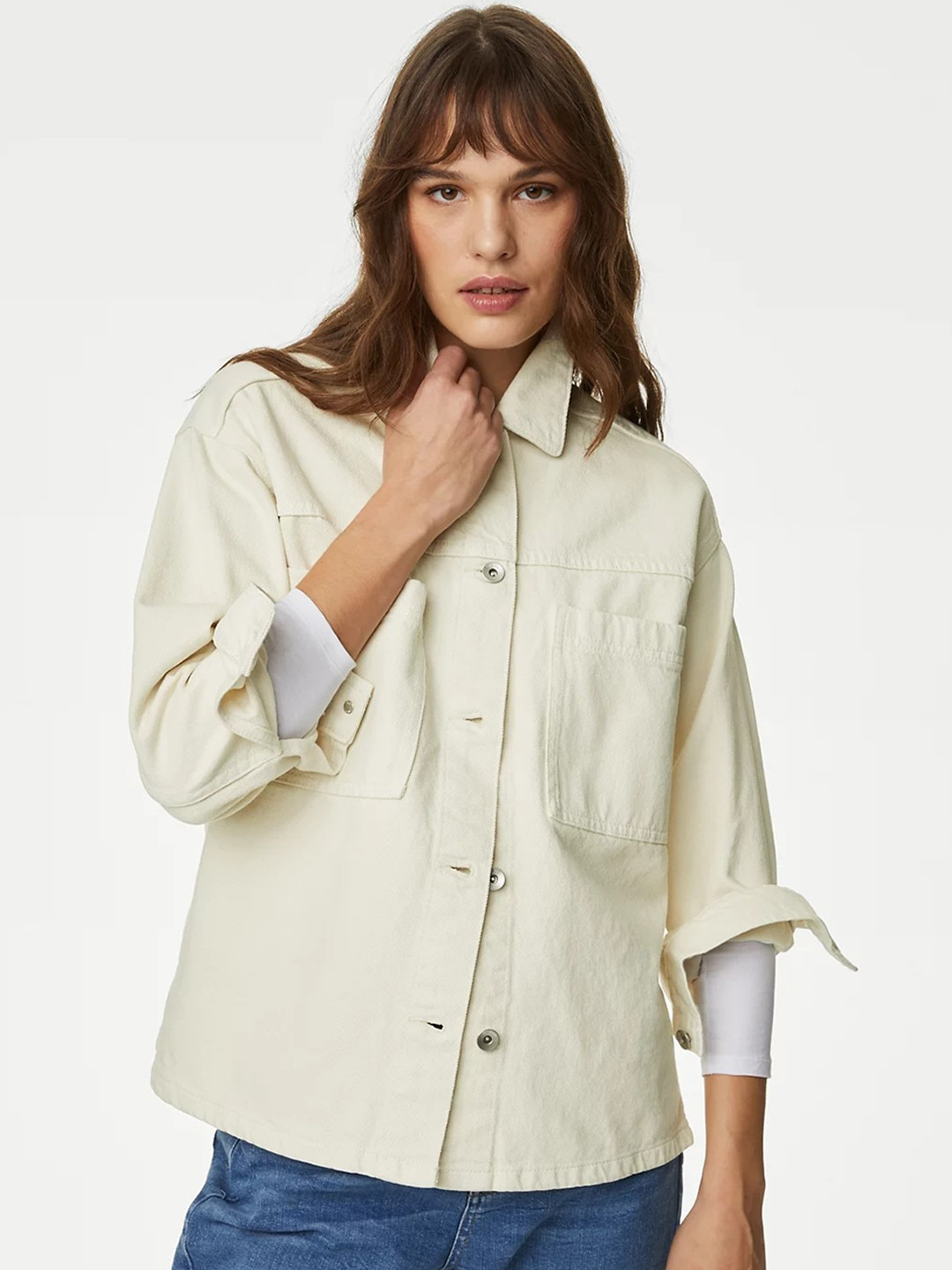 Buy Marks & Spencer Relaxed Fit Spread Collar Pure Cotton Shacket ...