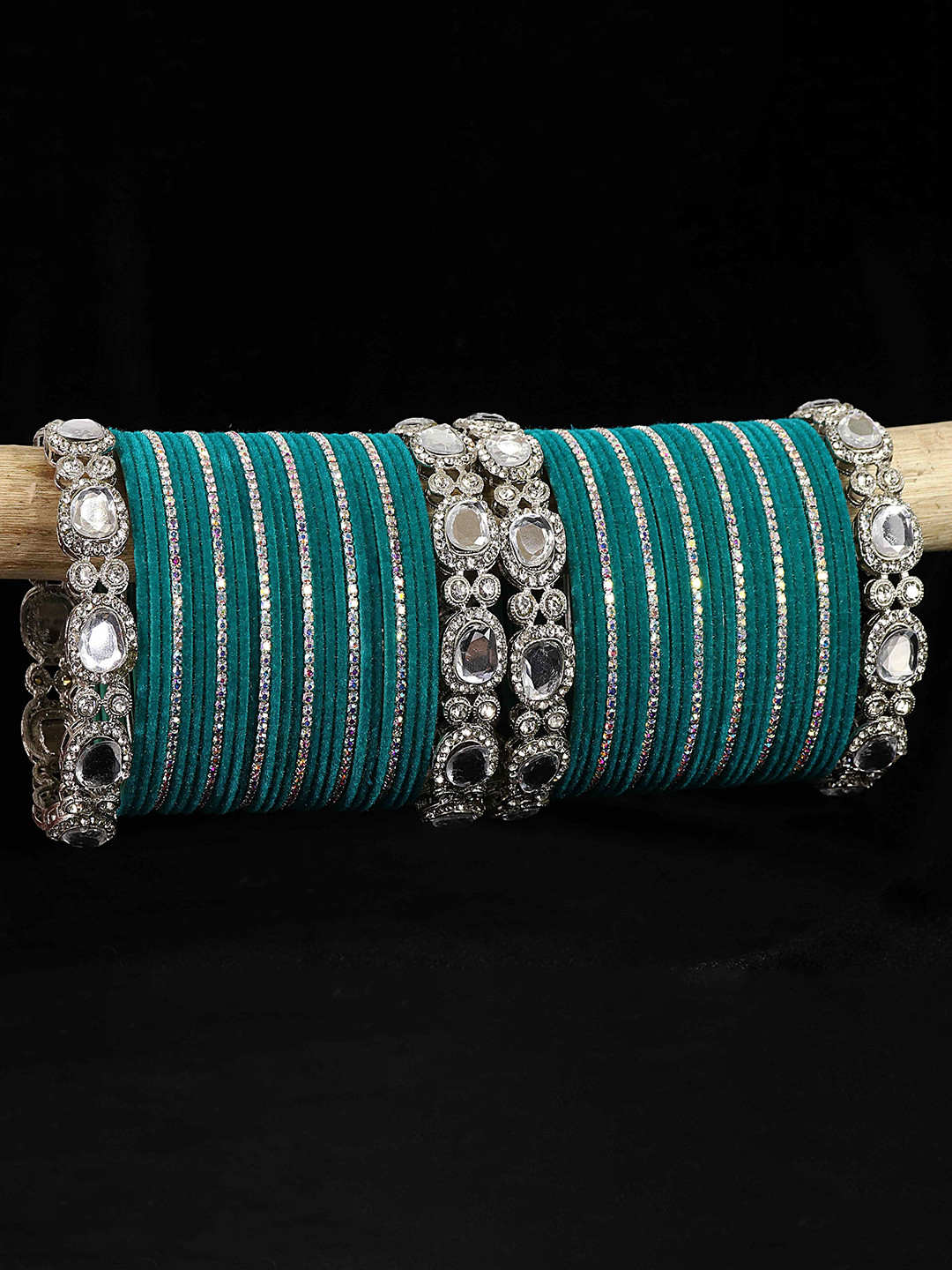 Buy LAVAZZA Set Of 58 Zircon & Kundan Studded Metal Velvet Bangles ...