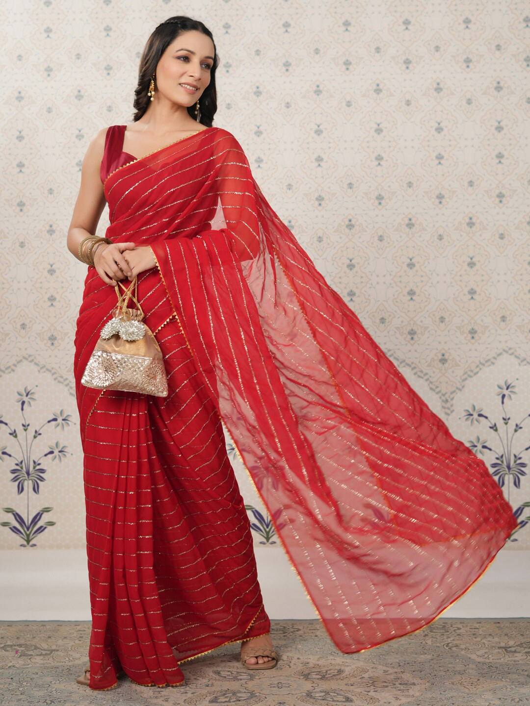 Buy Ode By House Of Pataudi Striped Aari Work Pure Georgette Heavy Work ...