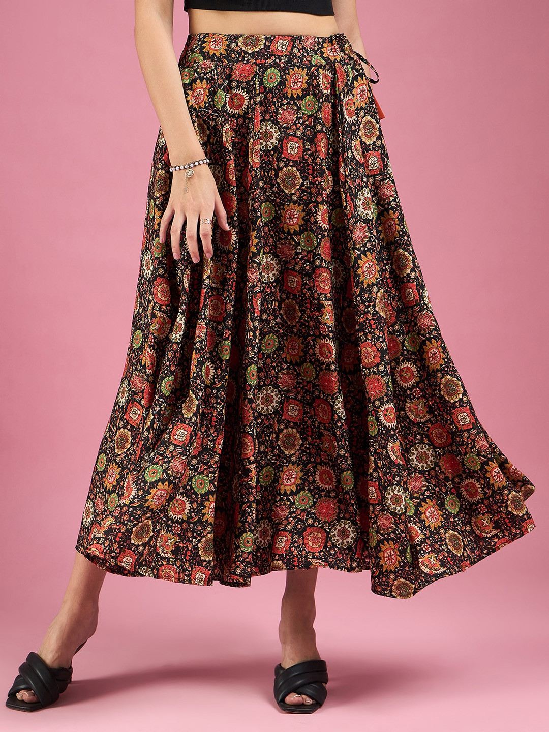 Buy DressBerry Orange Floral Printed Flared Maxi Skirt - Skirts for ...