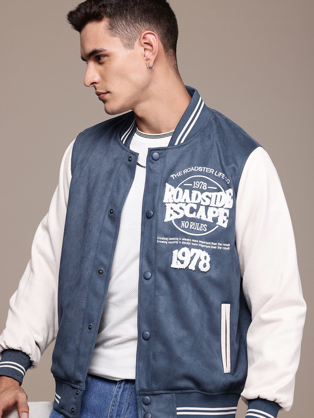 Buy The Roadster Life Co. Typography Self Design Velvet Finish Varsity ...