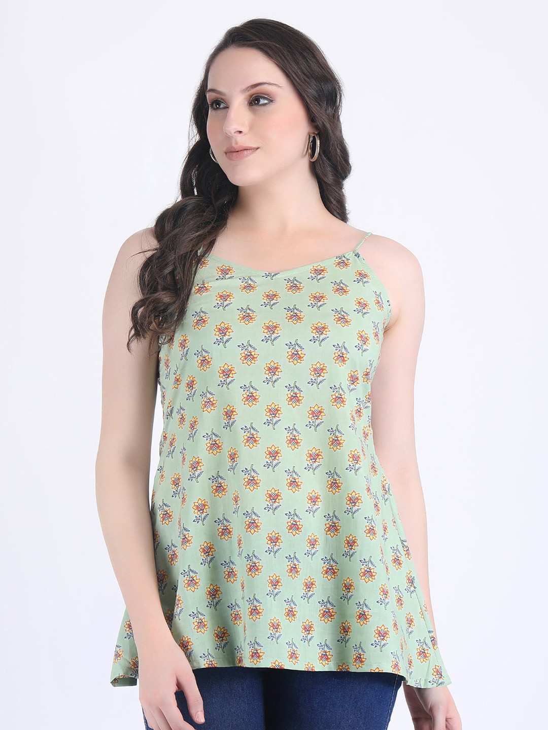 Buy HUE & HIDE Floral Printed Round Neck Shoulder Straps Short Kurti ...