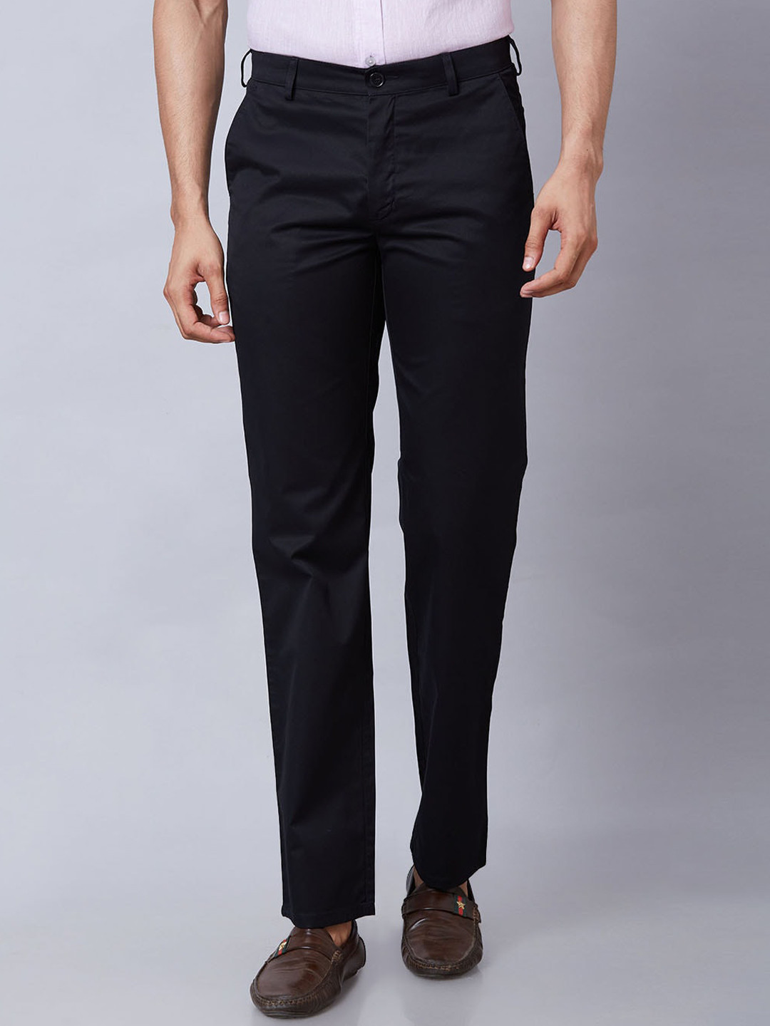 Buy ColorPlus Men Solid Mid Rise Regular Fit Tailored Cotton Trousers ...