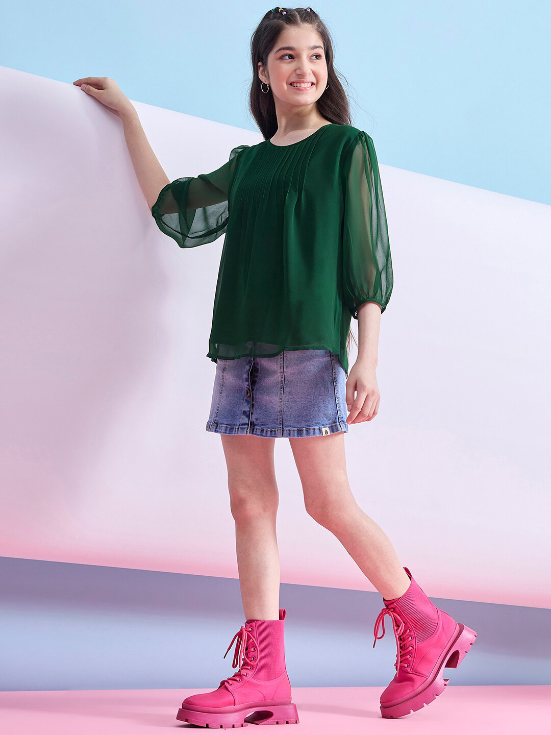 Buy Stylo Bug Girls Puff Sleeve Georgette Top - Tops for Girls 29360006 ...