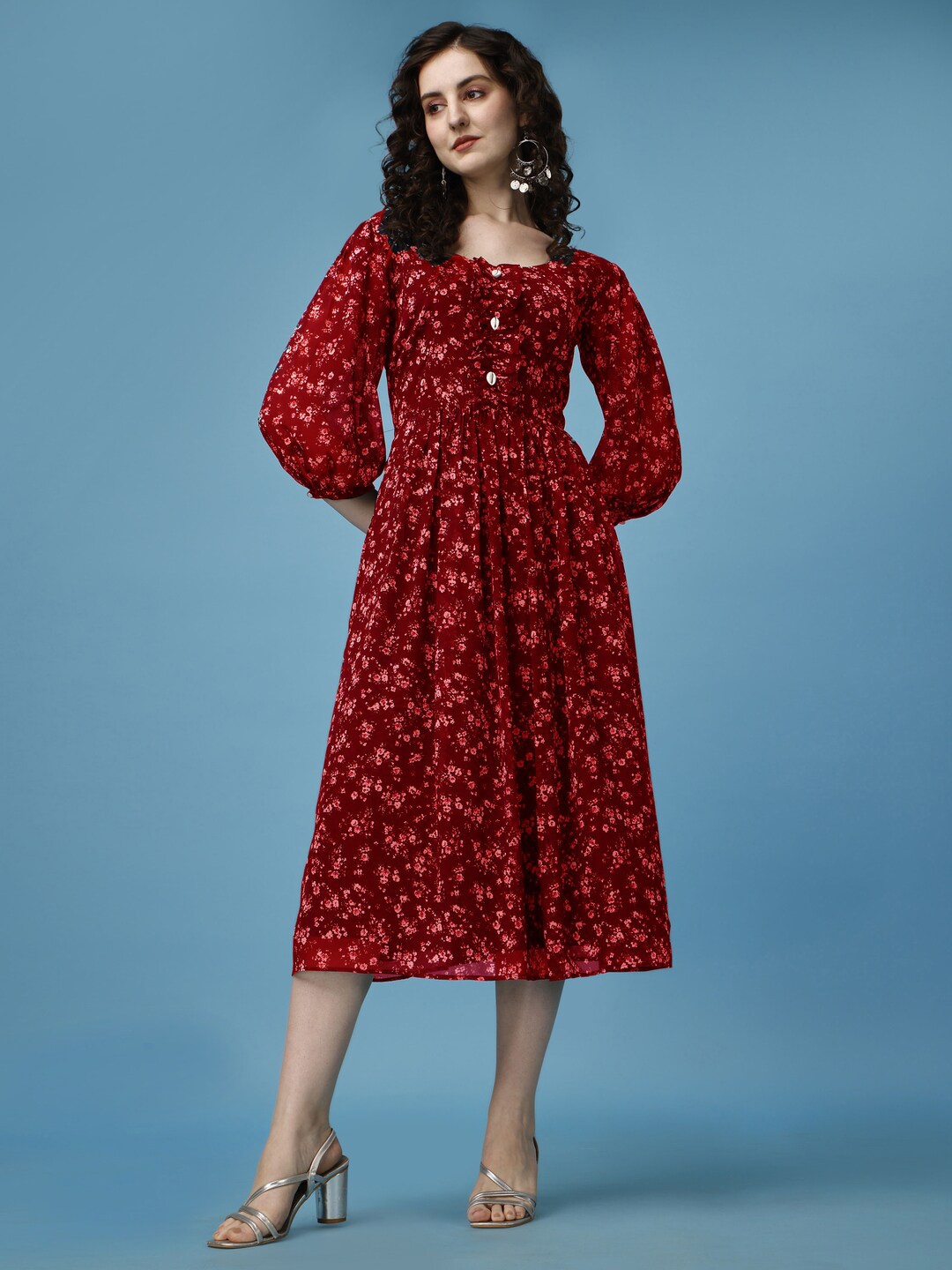 Buy Kalini Floral Print Puff Sleeves Georgette Fit And Flare Midi Dress