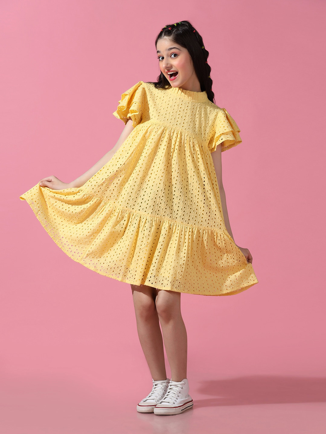 Buy Cherry & Jerry Girls Self Design Flutter Sleeves Schiffli Cotton A ...
