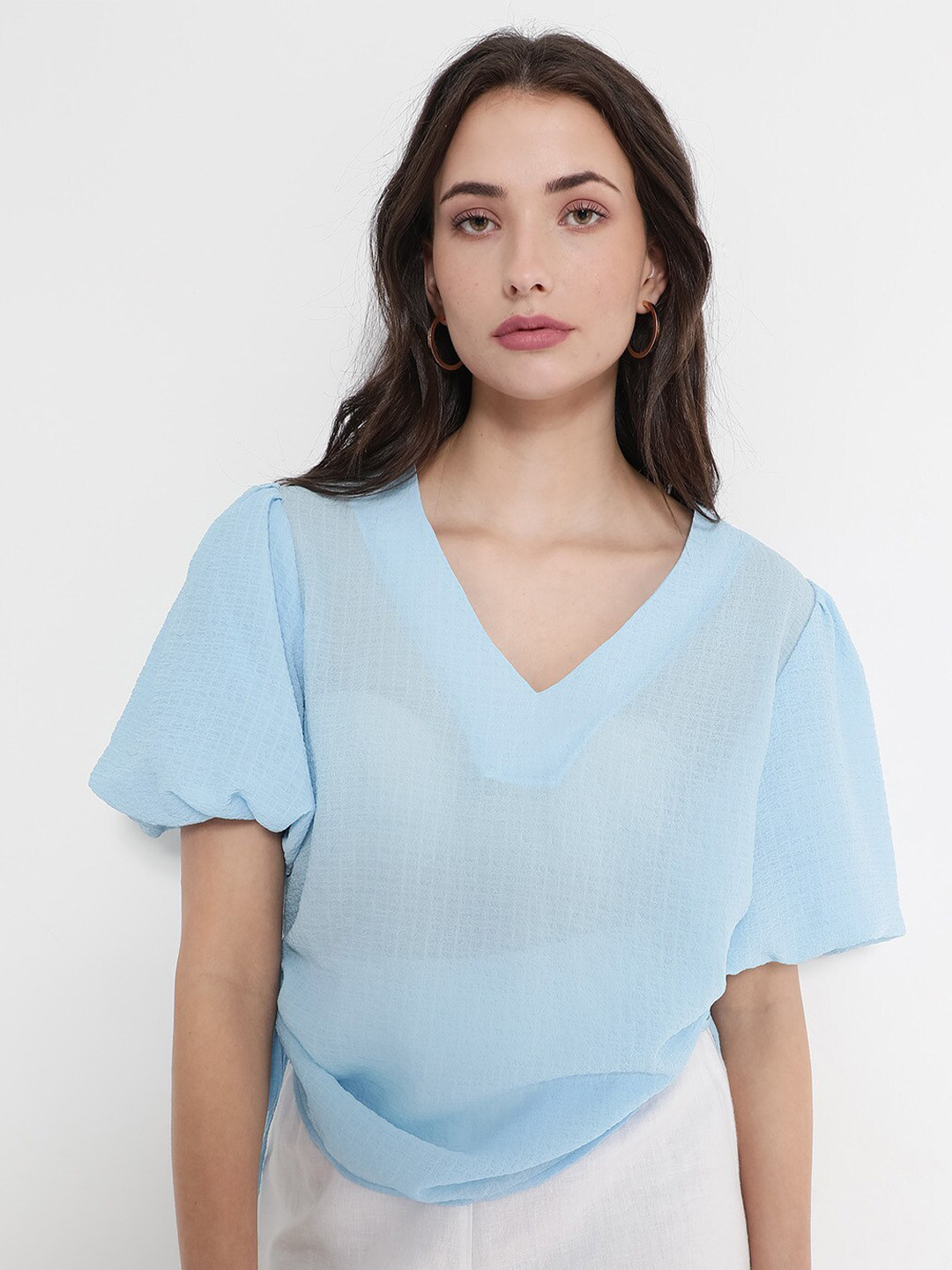 Buy RAREISM V Neck Puff Sleeve Cotton Styled Back Top - Tops for Women ...