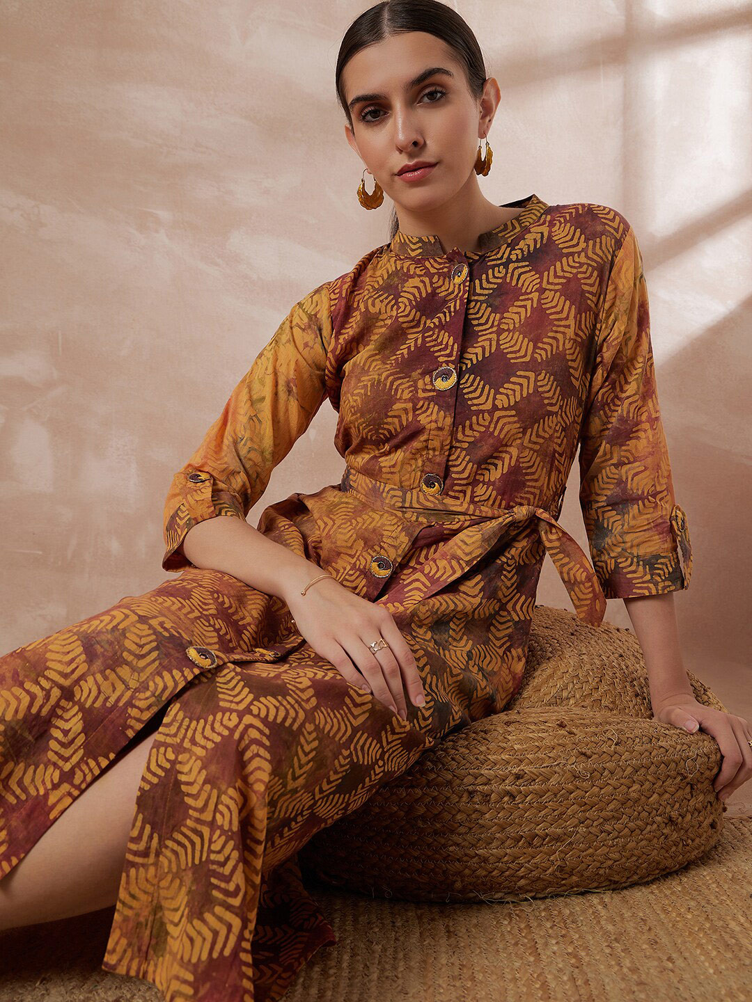 Buy Anouk Floral Print Mandarin Collar Cotton Silk Midi Belted Shirt ...