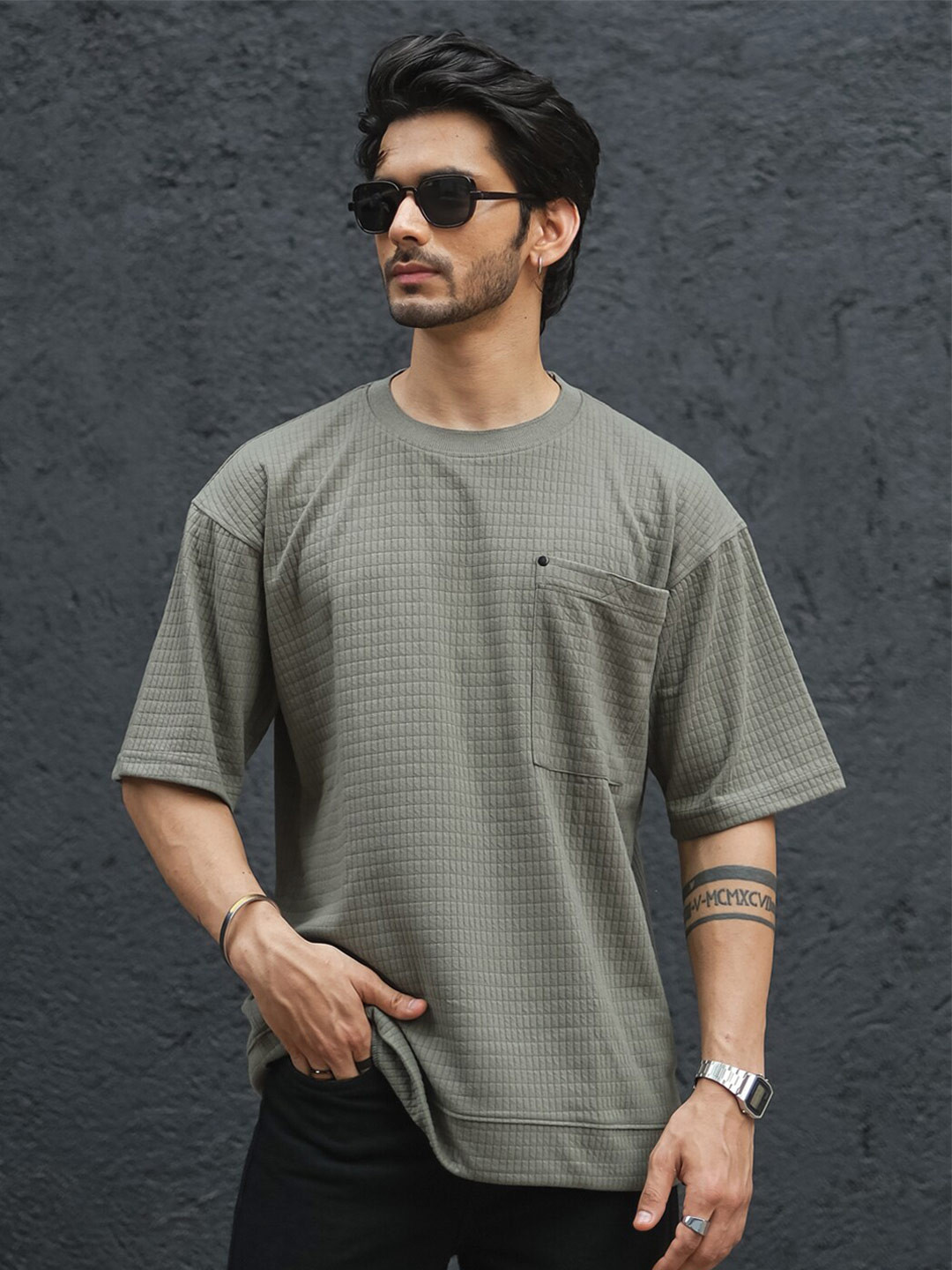 Buy Powerlook Self Design Pockets Oversized Cotton T Shirt - Tshirts ...