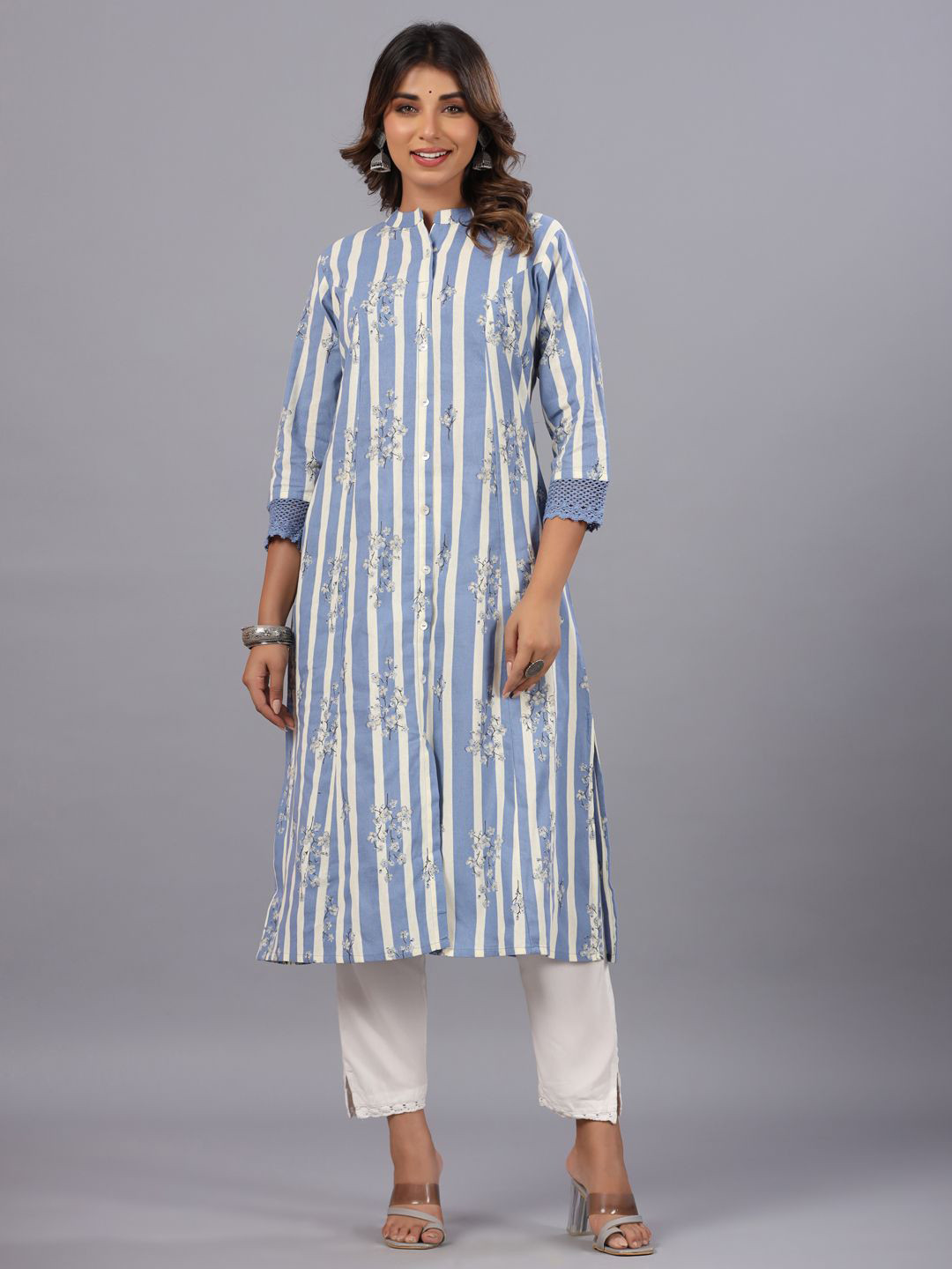 Buy Amchoor Striped Mandarin Collar A Line Princess Cut Kurta - Kurtas ...