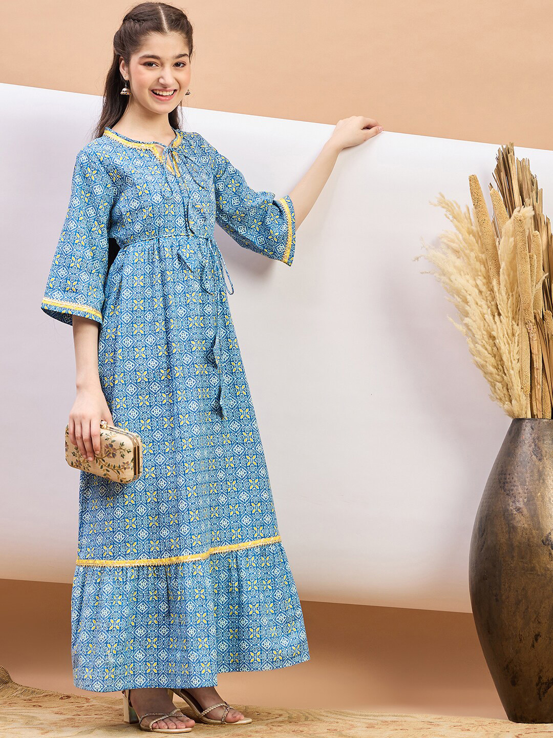 Buy Stylo Bug Floral Print Three Quarter Sleeves Tie Up Neck Maxi Dress ...