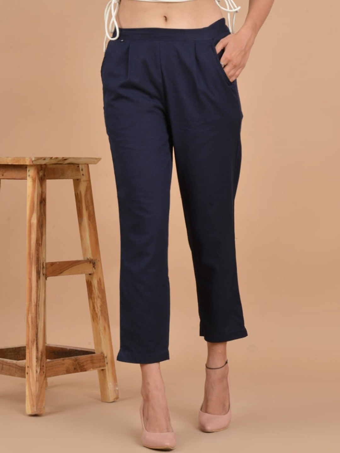 Buy SHOOLIN Women Relaxed Straight Leg Cotton High Rise Chinos Trousers ...