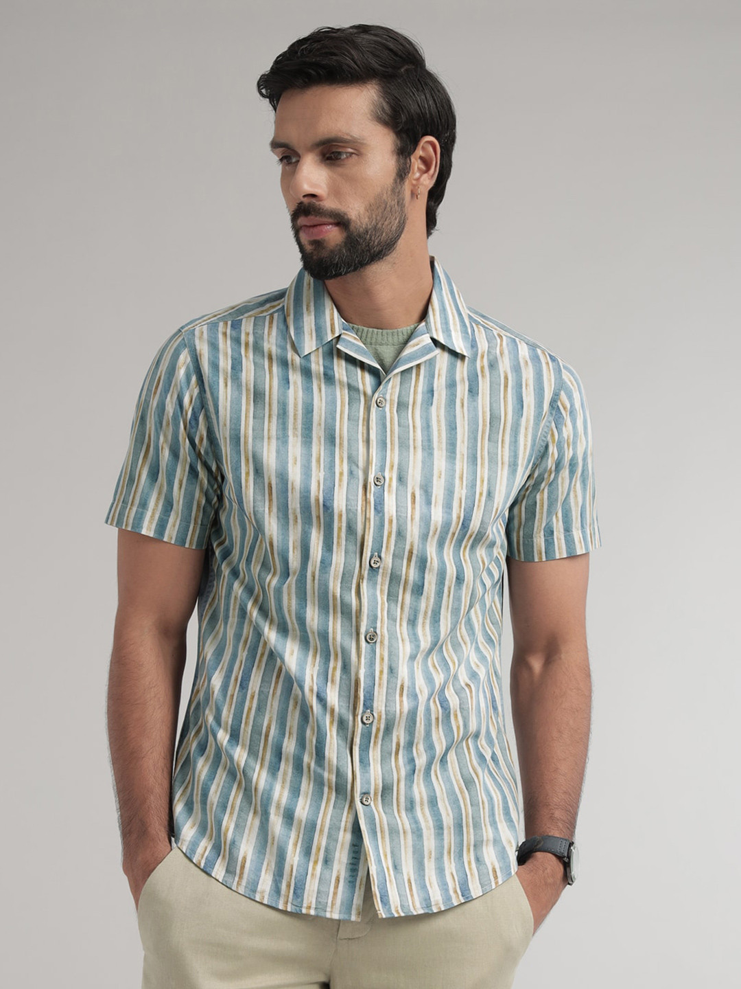 Buy Andamen Premium Striped Printed Spread Collar Short Sleeves Cotton ...