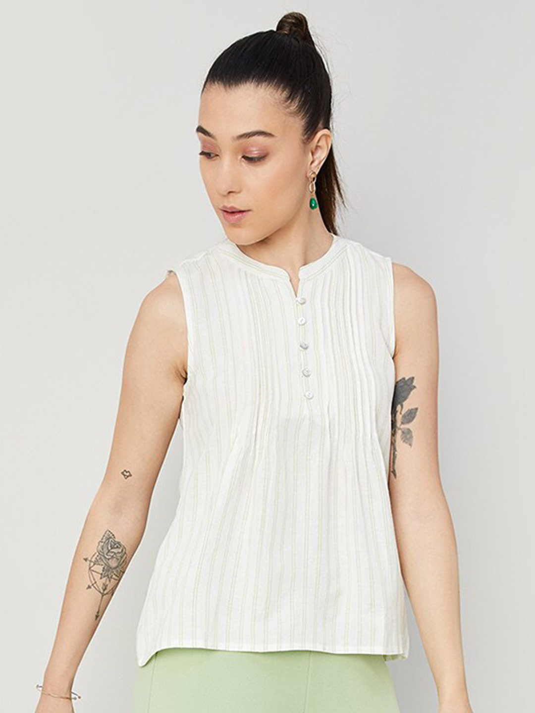 Buy CODE By Lifestyle Vertical Stripes Mandarin Collar A Line Top ...